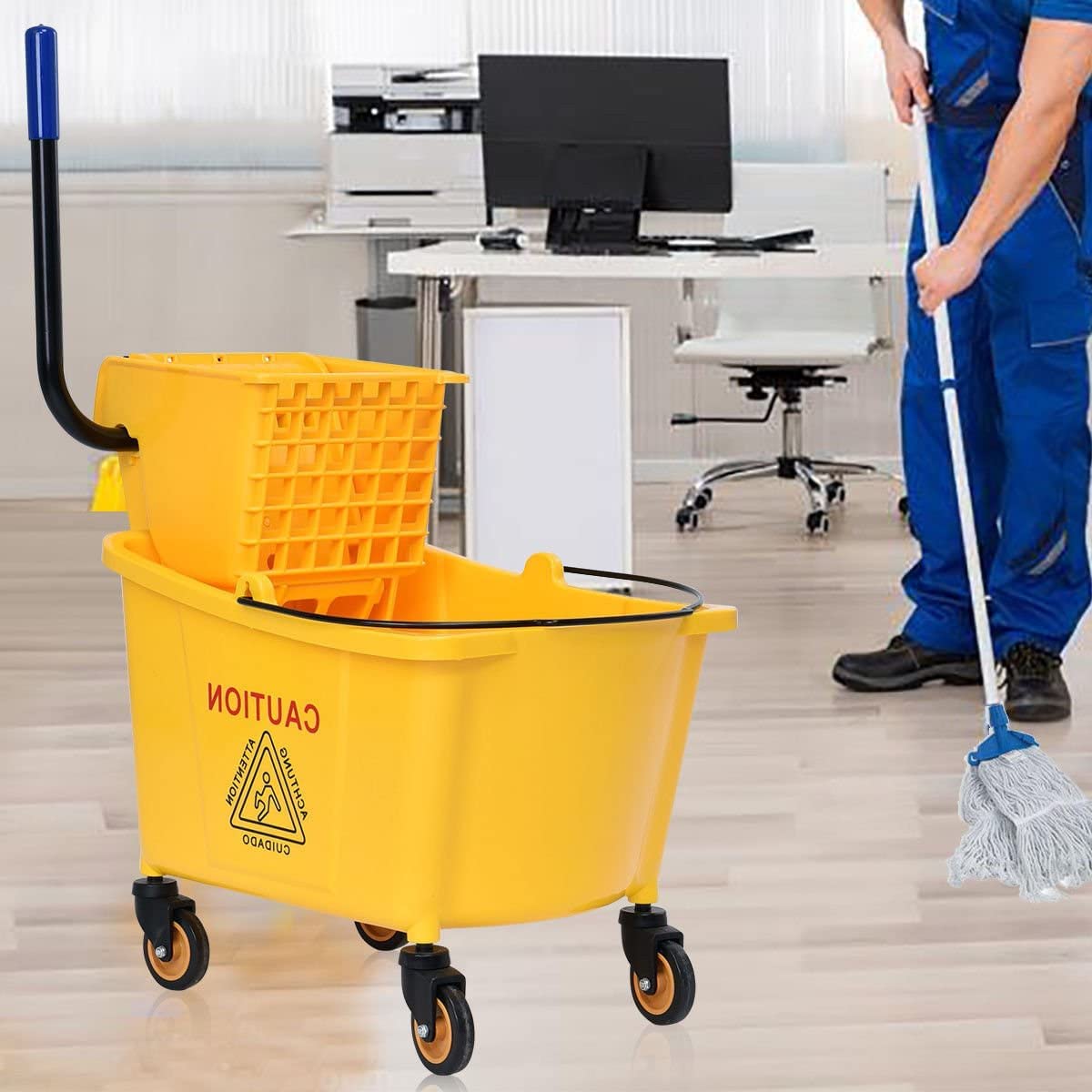 S AFSTAR 32L/8.5 Gallons Mop Bucket with Wringer on Wheels, Commercial Mop Bucket with Wheels & Potable Handle, Industrial Mop Wringer Bucket for Home Office Market Restaurant Hotel (Yellow)