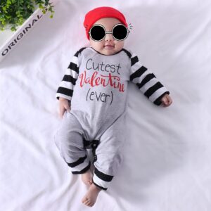 CM C&M WODRO Baby Boy Valentines day Outfit Romper Long Sleeve Stripe One Piece Bodysuit Jumpsuit with Hat Infant Clothes Set (Grey, 6-9 Months)