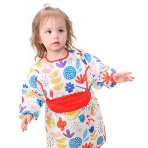 Jarafom 2 Pcs Long Sleeved Silicone Bib coverall Toddler Waterproof bibs Smock Apron Set Food Catcher Pocket 6-72 Months (flower + Strawberry)