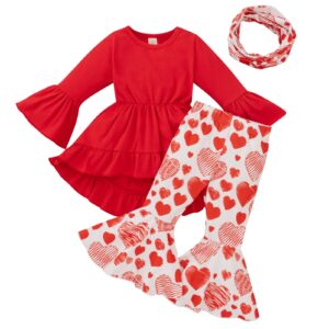 grnshts valentine's day baby girl outfits toddler kids long sleeve top dress+heart print flared pants+scarf 3pcs clothes set(red-d,18-24m)