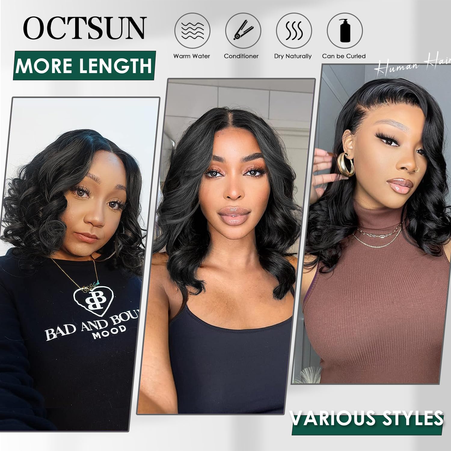 OCTSUN 12" Glueless Short Wavy Wigs Human Hair Pre Plucked 13x4 HD Lace Front Wigs Human Hair 180 Density Shoulder Length Loose Wave Bob Wig Brazilian Human Virgin Hair Body Wave Wigs for Black Women