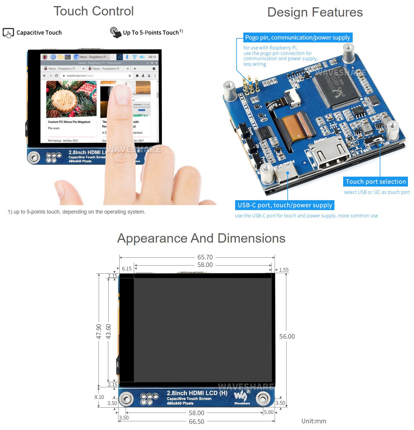 Waveshare 2.8inch HDMI IPS LCD Display, Compatible with Raspberry Pi 5/4B/3B/Zero/Zero W/Zero 2W/Pico/Pico W/Pico WH, 480×640 Resolution Supports Jerson Nano/Windows