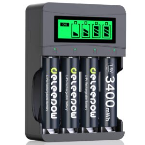 deleepow 1.5v rechargeable aa batteries 3400mwh lithium batteries aa with lcd charger 4 count 1500cycle