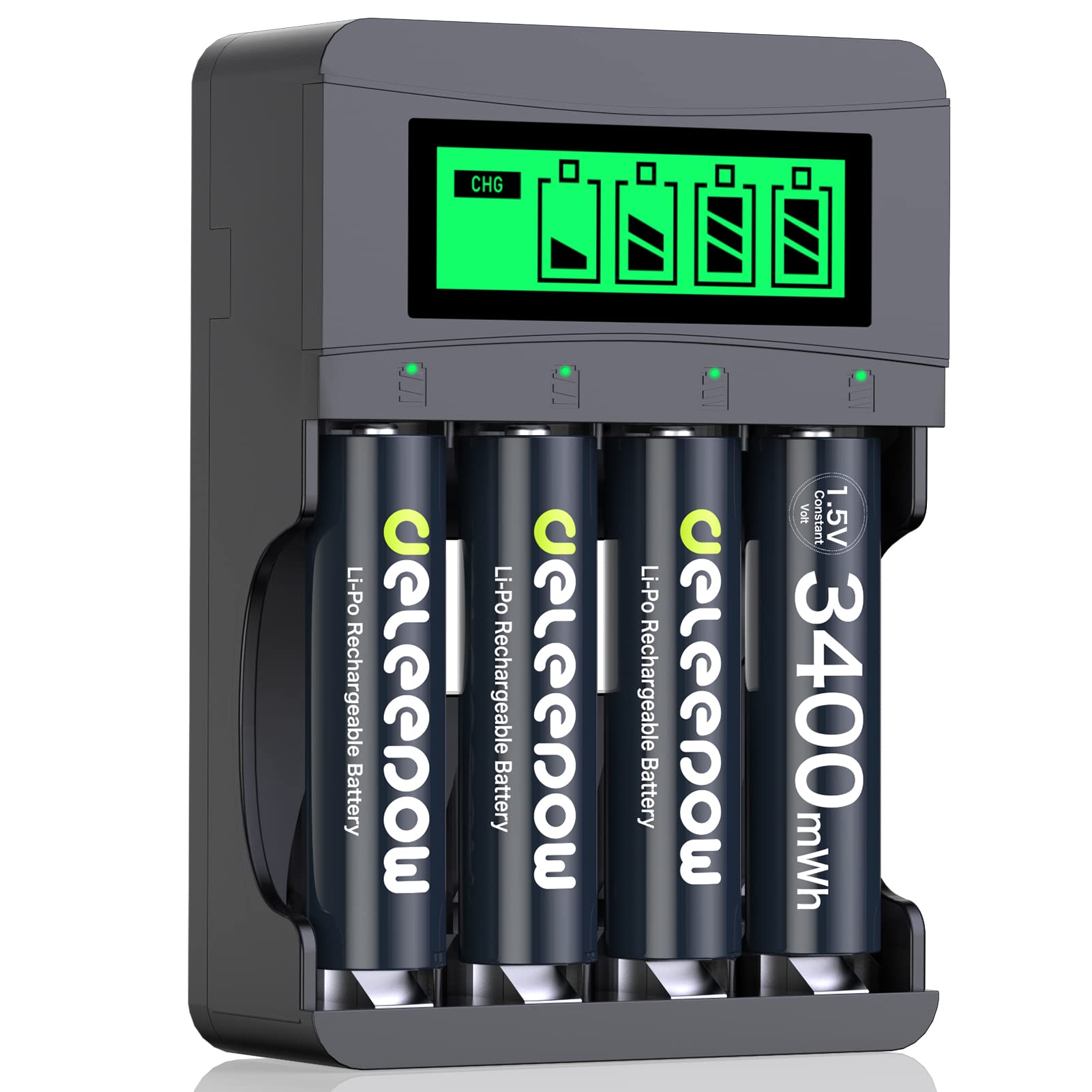 Deleepow 1.5V Rechargeable AA Batteries 3400mWh Lithium Batteries AA with LCD Charger 4 Count 1500Cycle