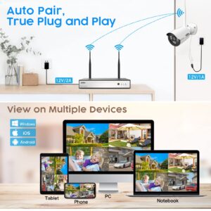 5MP Wireless Security Camera System No Hard Drive, 8 Channel Surveillance NVR Kits and 4pcs Super HD 5MP Outdoor Indoor WiFi Bullet Camera for Home Full Color Night Vision (3MP)