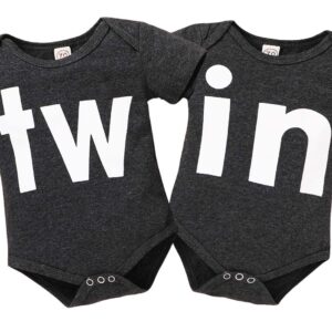 2Pcs Newborn Twins Baby Boys Girls Short Sleeve Letter Print Romper Bodysuit Summer Outfit Clothes 0-12M (0-3 Months, Charcoal Black-02)