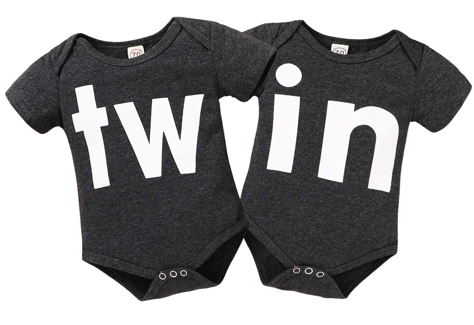 2Pcs Newborn Twins Baby Boys Girls Short Sleeve Letter Print Romper Bodysuit Summer Outfit Clothes 0-12M (0-3 Months, Charcoal Black-02)