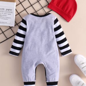 CM C&M WODRO Baby Boy Valentines day Outfit Romper Long Sleeve Stripe One Piece Bodysuit Jumpsuit with Hat Infant Clothes Set (Grey, 6-9 Months)