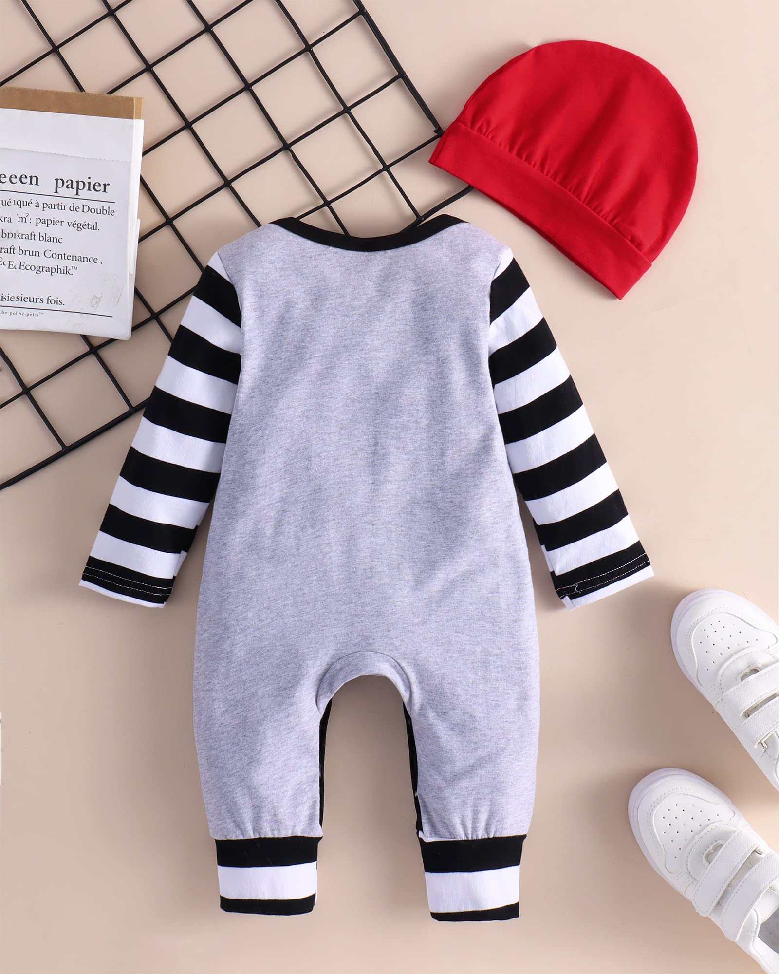 CM C&M WODRO Baby Boy Valentines day Outfit Romper Long Sleeve Stripe One Piece Bodysuit Jumpsuit with Hat Infant Clothes Set (Grey, 6-9 Months)