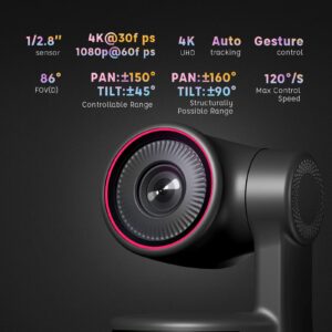 OBSBOT Tiny 4K PTZ Webcam, AI-Powered AI-Tracking Auto-Framing Gesture Control HDR 4K Webcam with Dual Omni-Directional Mic 4X Zoom in/Out for Video Meeting Remote Class Live Streaming