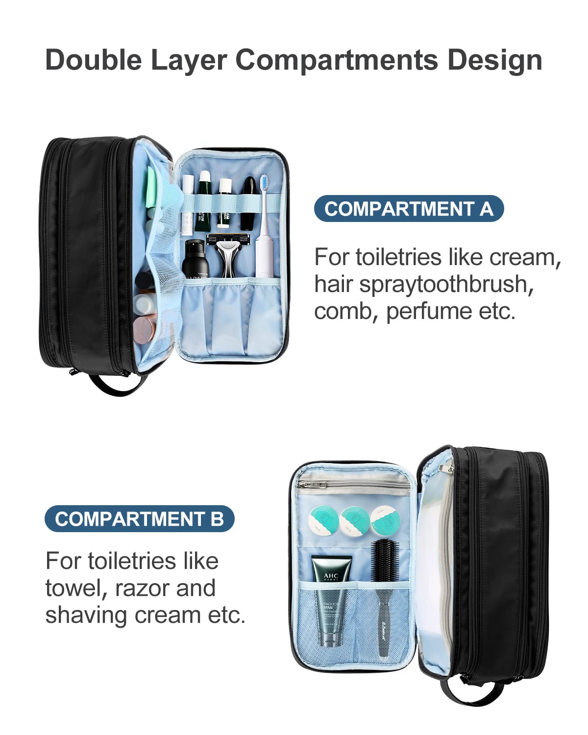 Luxtude Travel Toiletry Bag for Men Water-resistant, Large Shaving Dopp Kit with Double Zipper Opening, Compact Toiletry Cosmetic Organizer Bathroom Shower Bag for Toiletries and Shaving Supplies etc.