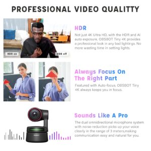 OBSBOT Tiny 4K PTZ Webcam, AI-Powered AI-Tracking Auto-Framing Gesture Control HDR 4K Webcam with Dual Omni-Directional Mic 4X Zoom in/Out for Video Meeting Remote Class Live Streaming