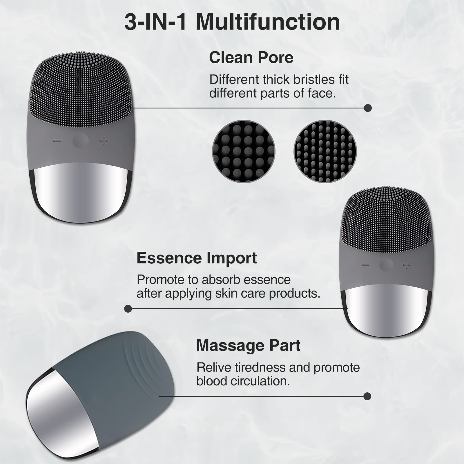 HUE Facial Cleansing Brush 3-in-1 Silicone Face Scrubber 5 Modes Facial Brush IPX7 Waterproof Face Brush Cleanser USB Facial Massager Face Brushes for Cleansing and Exfoliating(Grey)