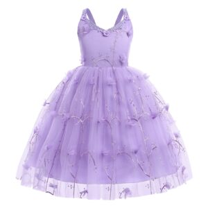 flower girl butterfly dress for kids baby princess birthday wedding bridesmaid pageant formal party maxi dress toddler summer communion photoshoot backless lace bow tulle dresses purple 6-7 years