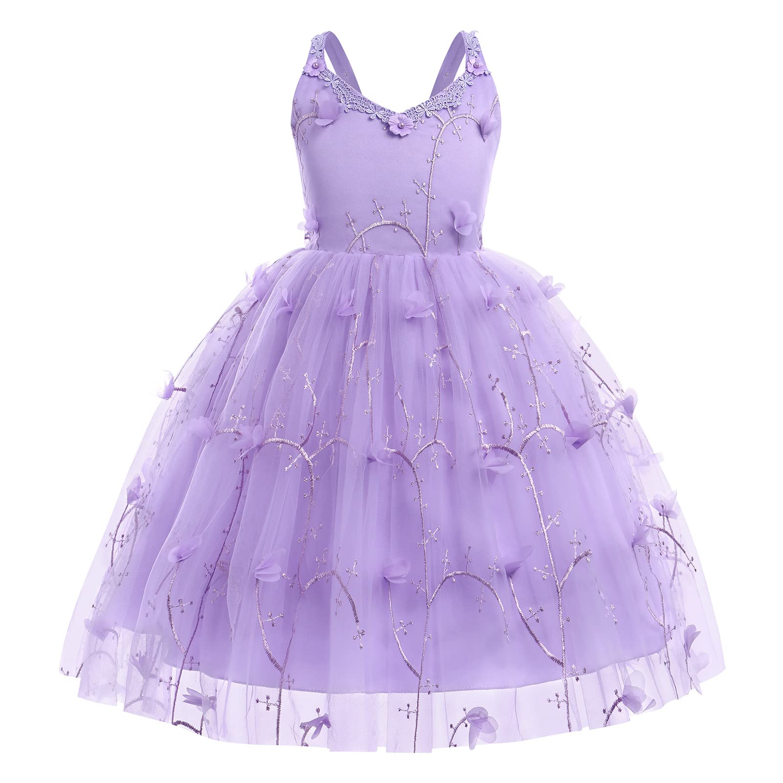 Flower Girl Butterfly Dress for Kids Baby Princess Birthday Wedding Bridesmaid Pageant Formal Party Maxi Dress Toddler Summer Communion Photoshoot Backless Lace Bow Tulle Dresses Purple 6-7 Years