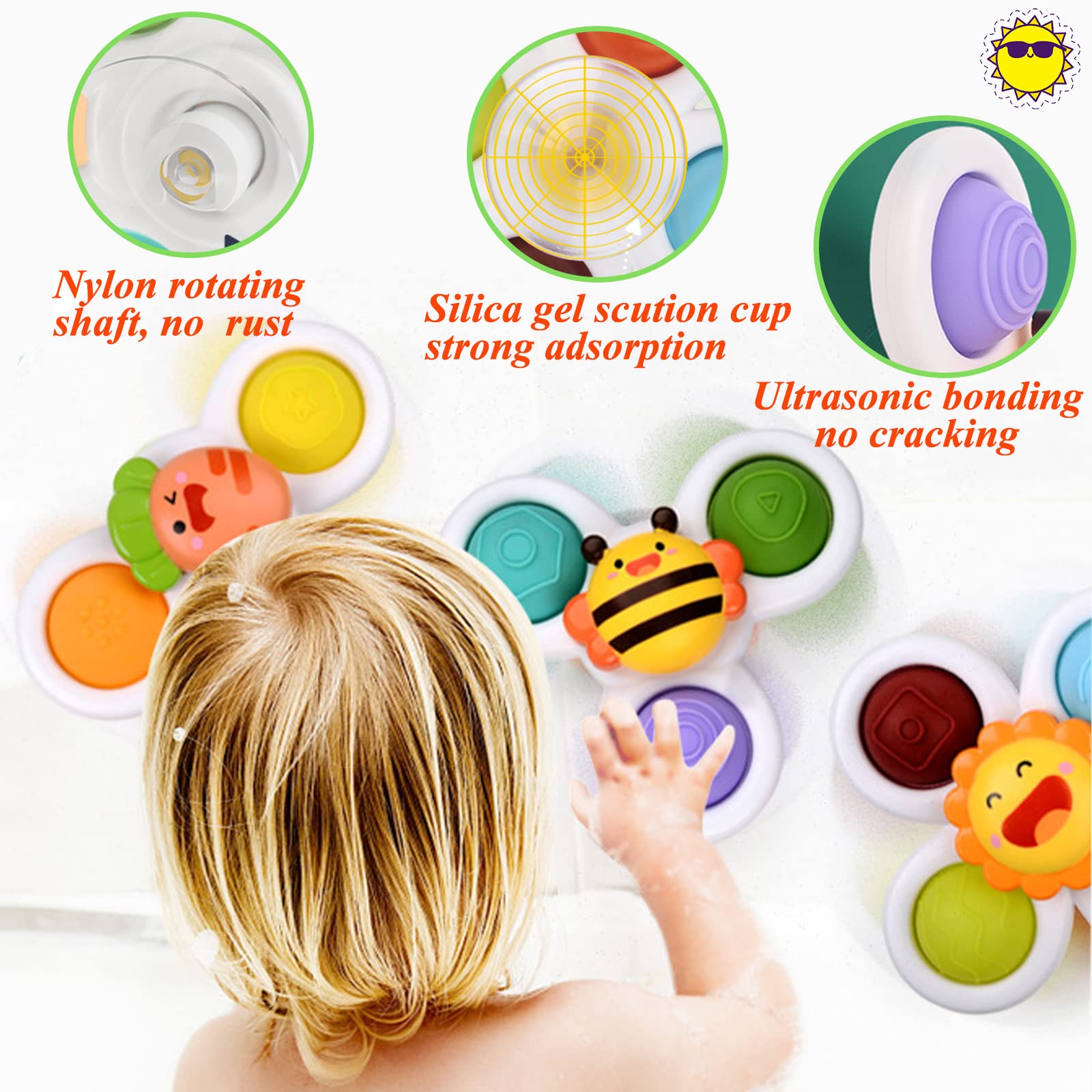 Bibibi 3pcs Bath Toys for Toddlers 1 3 Fidget Toys Baby Sensory Toys Suction Cup Spinners Spinning High Chair Window Toys Infant Autistic Children 12 18 Months 2 Year Old Boys Girls Birthday Gifts