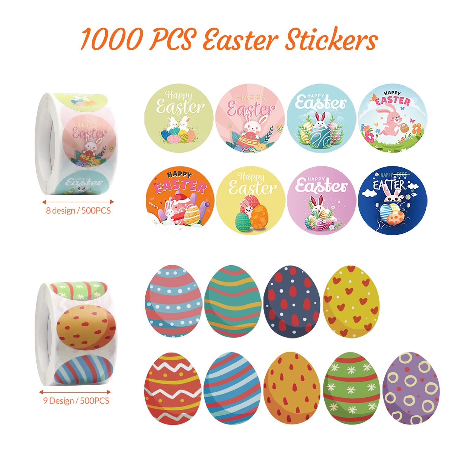 1000 PCS Easter Stickers for Kids, 1.5 Inch & 17 Design Self- Adhesive Label Happy Easter Egg Bunny Sticker Rolls, Easter Party Decorative Sealing Stickers for Cards Art Craft Gift Boxes Envelopes