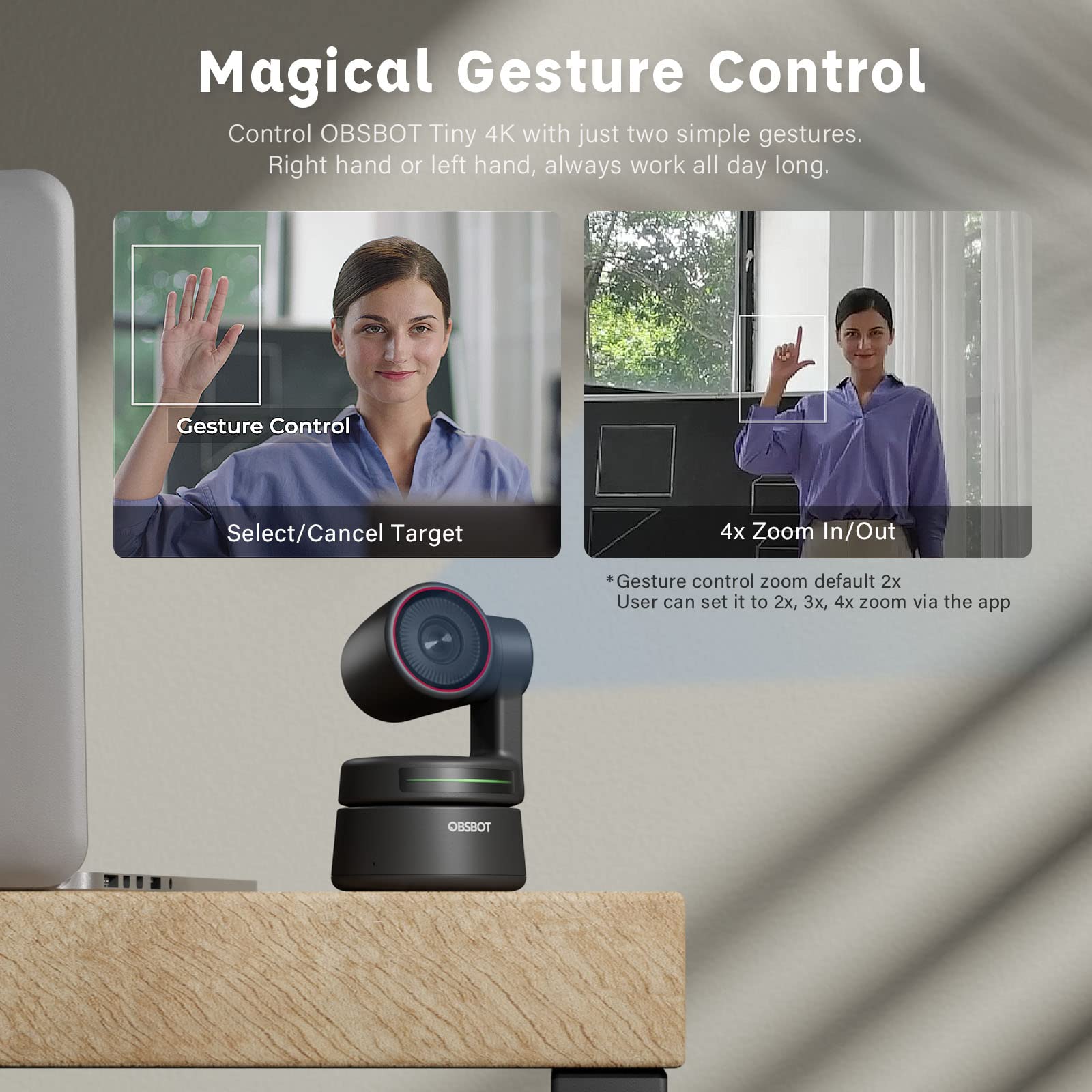 OBSBOT Tiny 4K PTZ Webcam, AI-Powered AI-Tracking Auto-Framing Gesture Control HDR 4K Webcam with Dual Omni-Directional Mic 4X Zoom in/Out for Video Meeting Remote Class Live Streaming