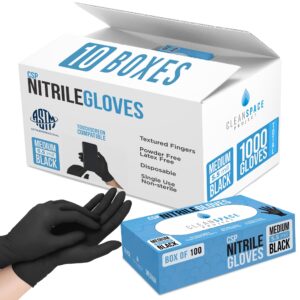 clean space project nitrile gloves - disposable, non-latex and powder free, food safe cooking gloves - black gloves for cleaning, tattooing, painting, detailing & repair (medium, case of 1000)