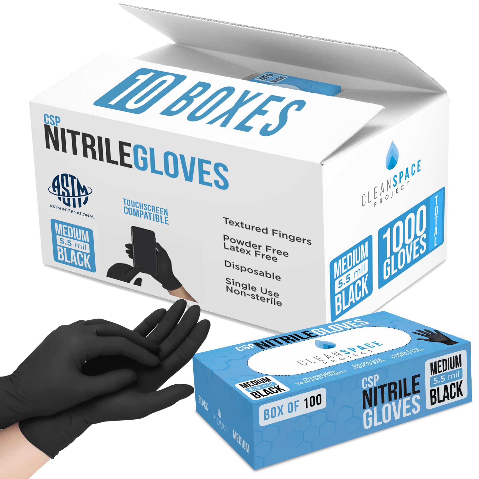 CLEAN SPACE PROJECT Nitrile Gloves - Disposable, Non-Latex and Powder Free, Food Safe Cooking Gloves - Black Gloves for Cleaning, Tattooing, Painting, Detailing & Repair (Medium, Case of 1000)