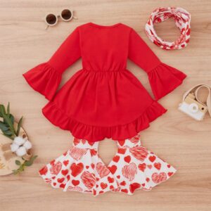 GRNSHTS Valentine's Day Baby Girl Outfits Toddler Kids Long Sleeve Top Dress+Heart Print Flared Pants+Scarf 3PCS Clothes Set(Red-D,18-24M)