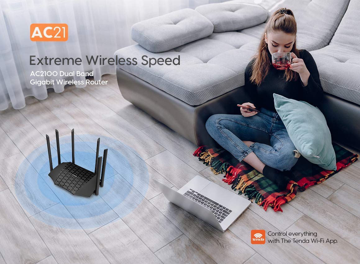 Tenda AC2100 High Speed WiFi Router - Dual Band Gigabit Wireless (up to 2033 Mbps) Internet Router for Home, 4X4 MU-MIMO Technology, Parental Control Compatible with Alexa (AC21)