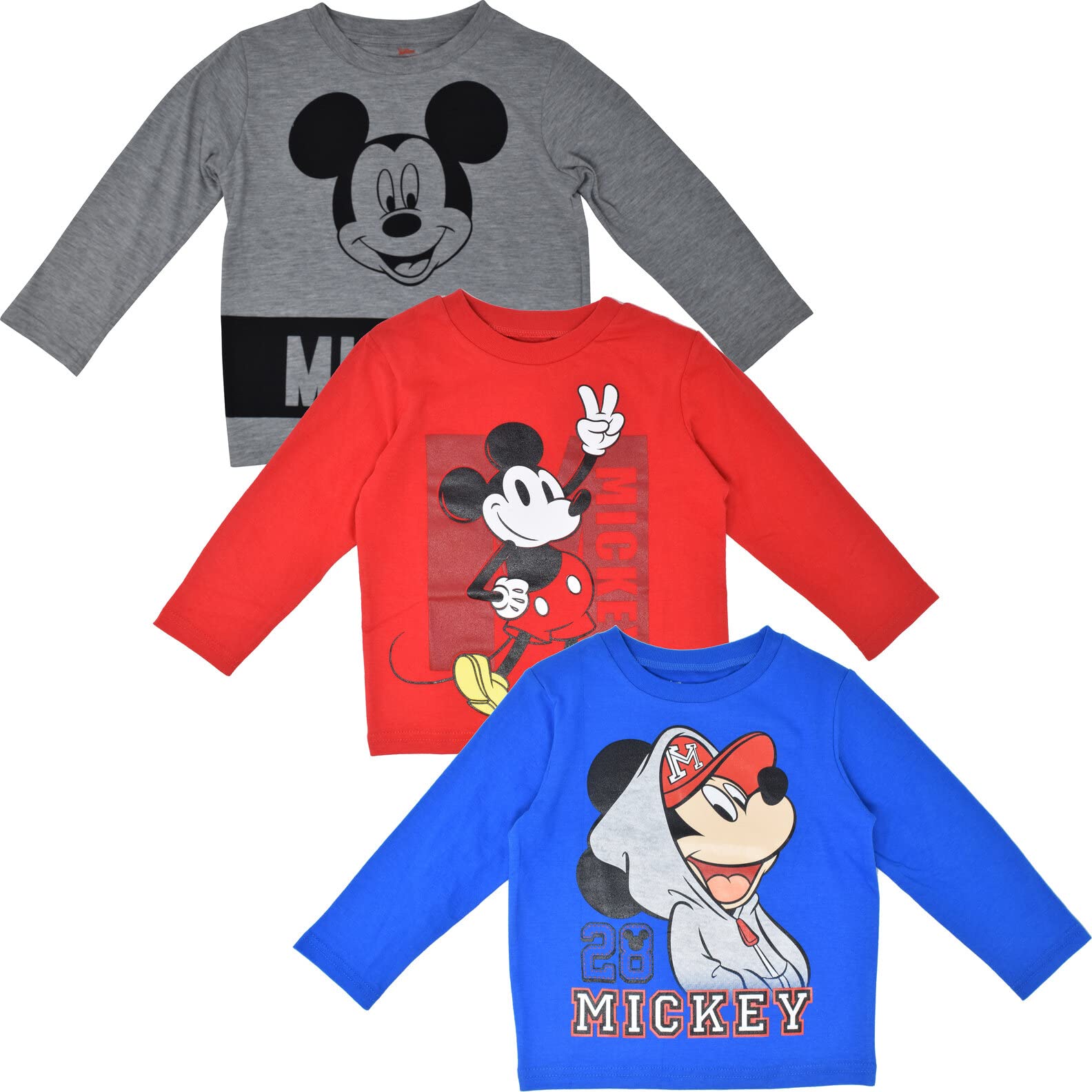 Disney Mickey Mouse Infant Baby Boys 3 Pack Long Sleeve T-Shirts Red/Blue/Grey 18 Months