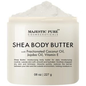 majestic pure shea body butter - intense hydrating with fractionated coconut oil, jojoba, and vitamin e - moisturize for dry, and oily skin - for all skin types - skin care for men and women - 8 oz