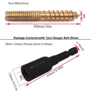 10Pcs Hanger Bolts Double Headed Bolts Kit,with (M8x1.25mm) Hanger Bolt Driver, Hanger Bolts for Wood Furniture(M8x50mm)