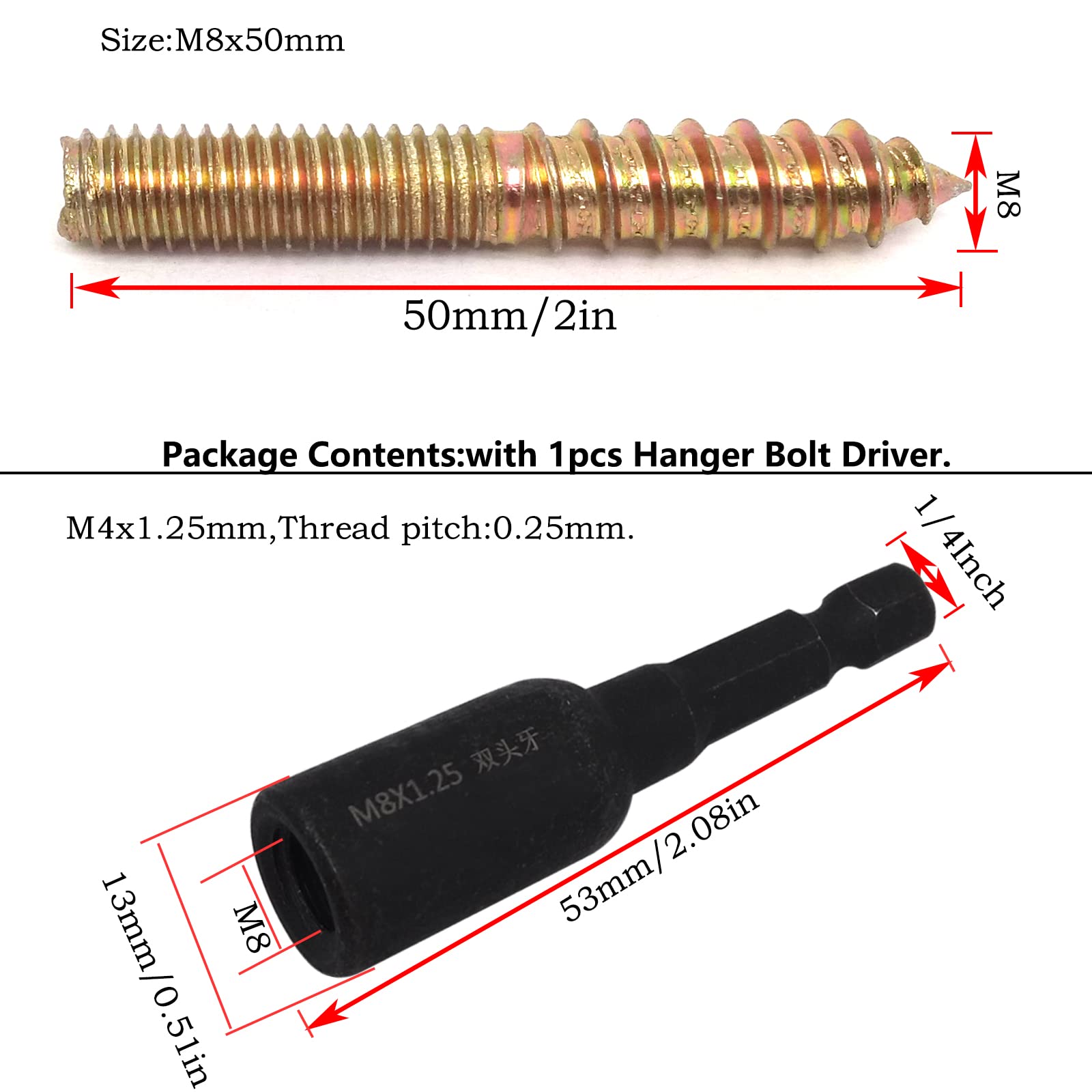 10Pcs Hanger Bolts Double Headed Bolts Kit,with (M8x1.25mm) Hanger Bolt Driver, Hanger Bolts for Wood Furniture(M8x50mm)