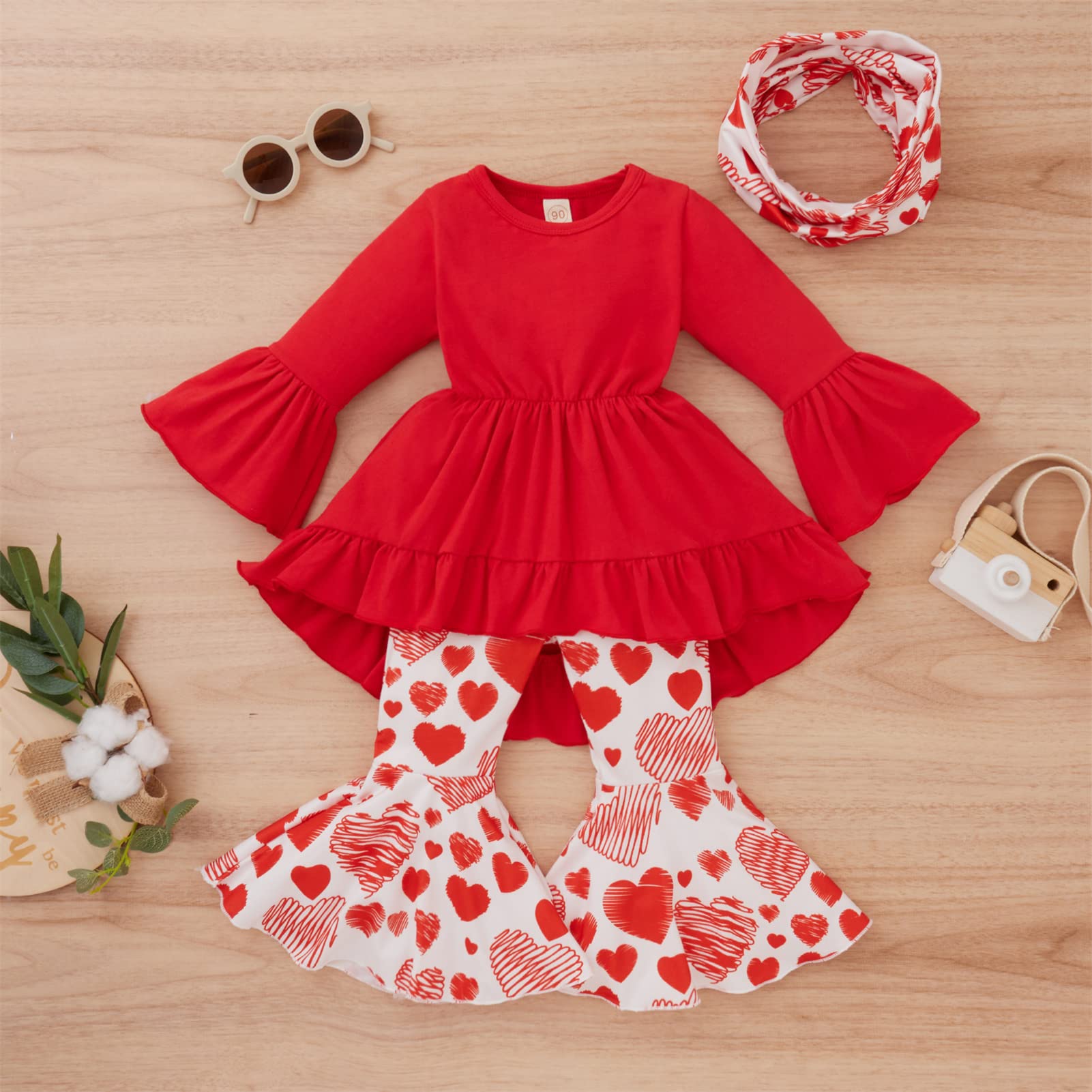 GRNSHTS Valentine's Day Baby Girl Outfits Toddler Kids Long Sleeve Top Dress+Heart Print Flared Pants+Scarf 3PCS Clothes Set(Red-D,18-24M)