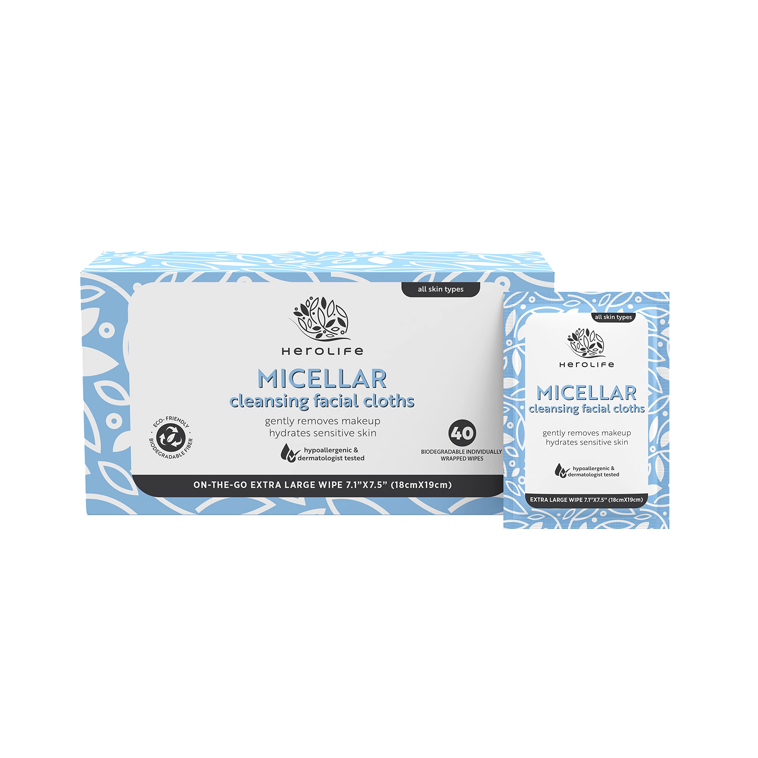 HEROLIFE Micellar Makeup Remover Cleansing Facial Cloths,Pre-moistened, Single-Use, , 1 pack of 40, Large size 7.1” x 7.5” Biodegradable individually Wrapped Wipes formulated with Plant-Based derived ingredients