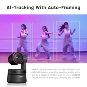 OBSBOT Tiny 4K PTZ Webcam, AI-Powered AI-Tracking Auto-Framing Gesture Control HDR 4K Webcam with Dual Omni-Directional Mic 4X Zoom in/Out for Video Meeting Remote Class Live Streaming