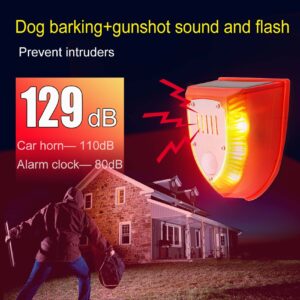 LAFEINA Solar Motion Sensor Light & Sound Alarm, 129dB Gunshot & Dog Barking Sound & Strobe Light Security Alarm Siren for Garden Farm Villa