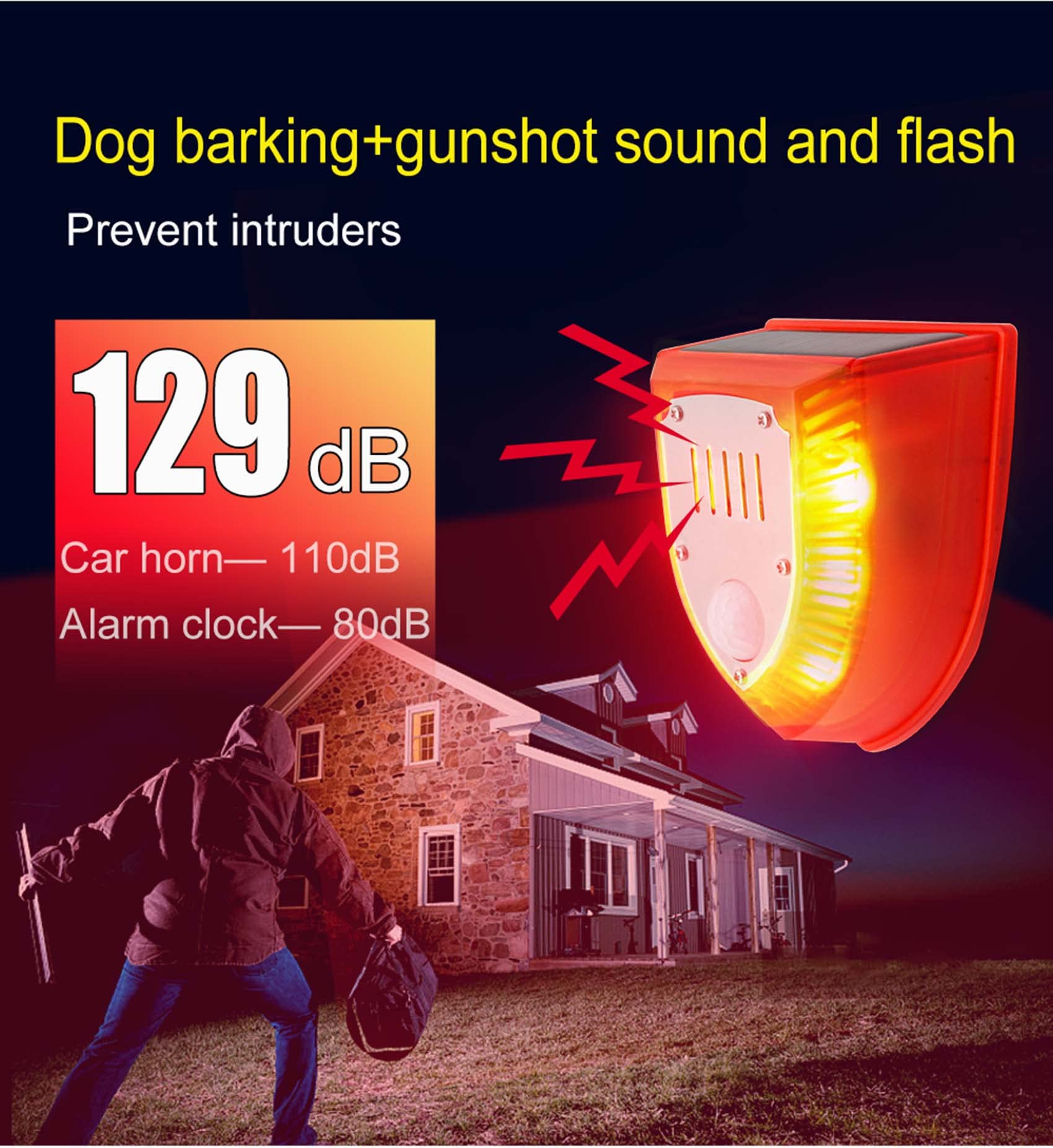 LAFEINA Solar Motion Sensor Light & Sound Alarm, 129dB Gunshot & Dog Barking Sound & Strobe Light Security Alarm Siren for Garden Farm Villa