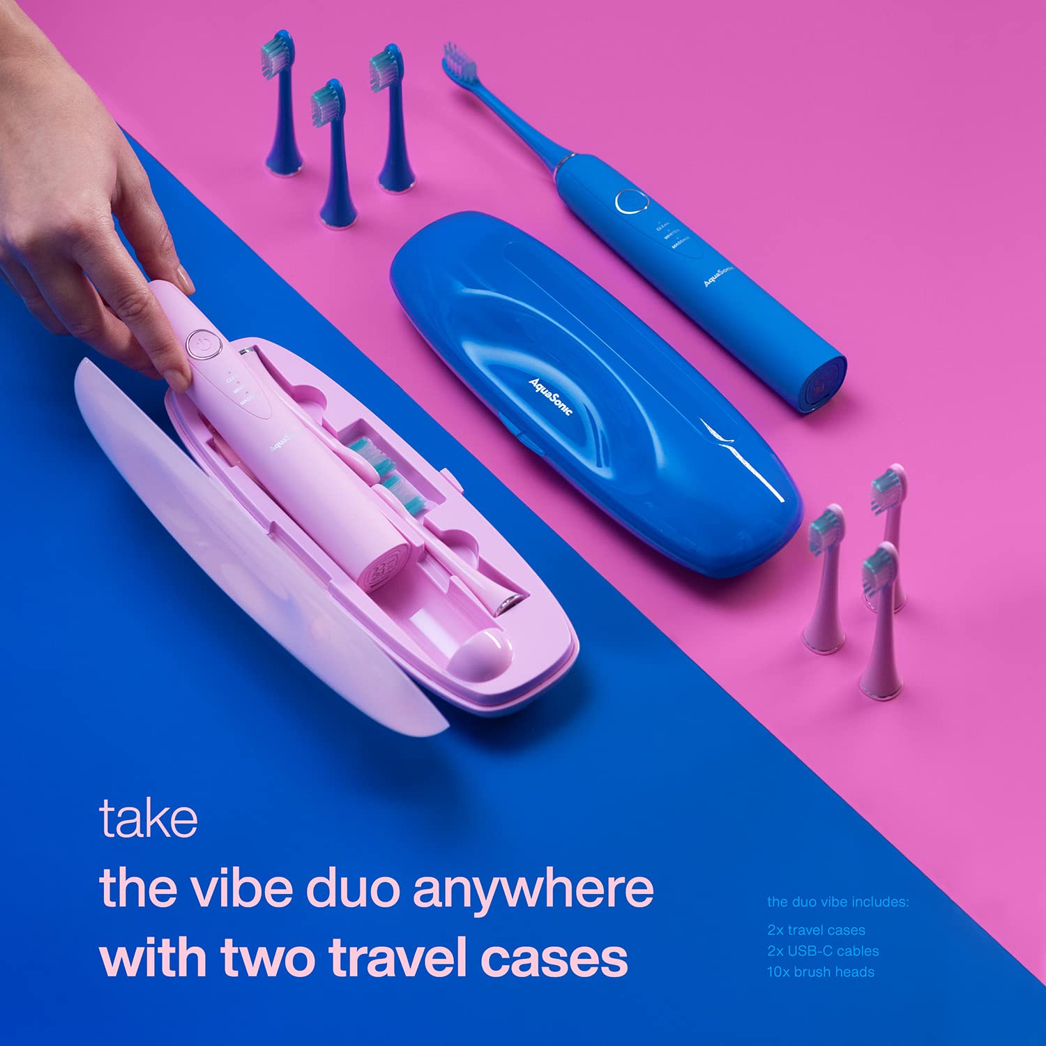 Aquasonic Vibe Duo - Dual Handle Ultra Whitening 40,000 VPM Fast Charging Electric ToothBrushes - 3 Modes with Smart Timers - 10 Dupont Brush Heads & 2 Travel Cases Included