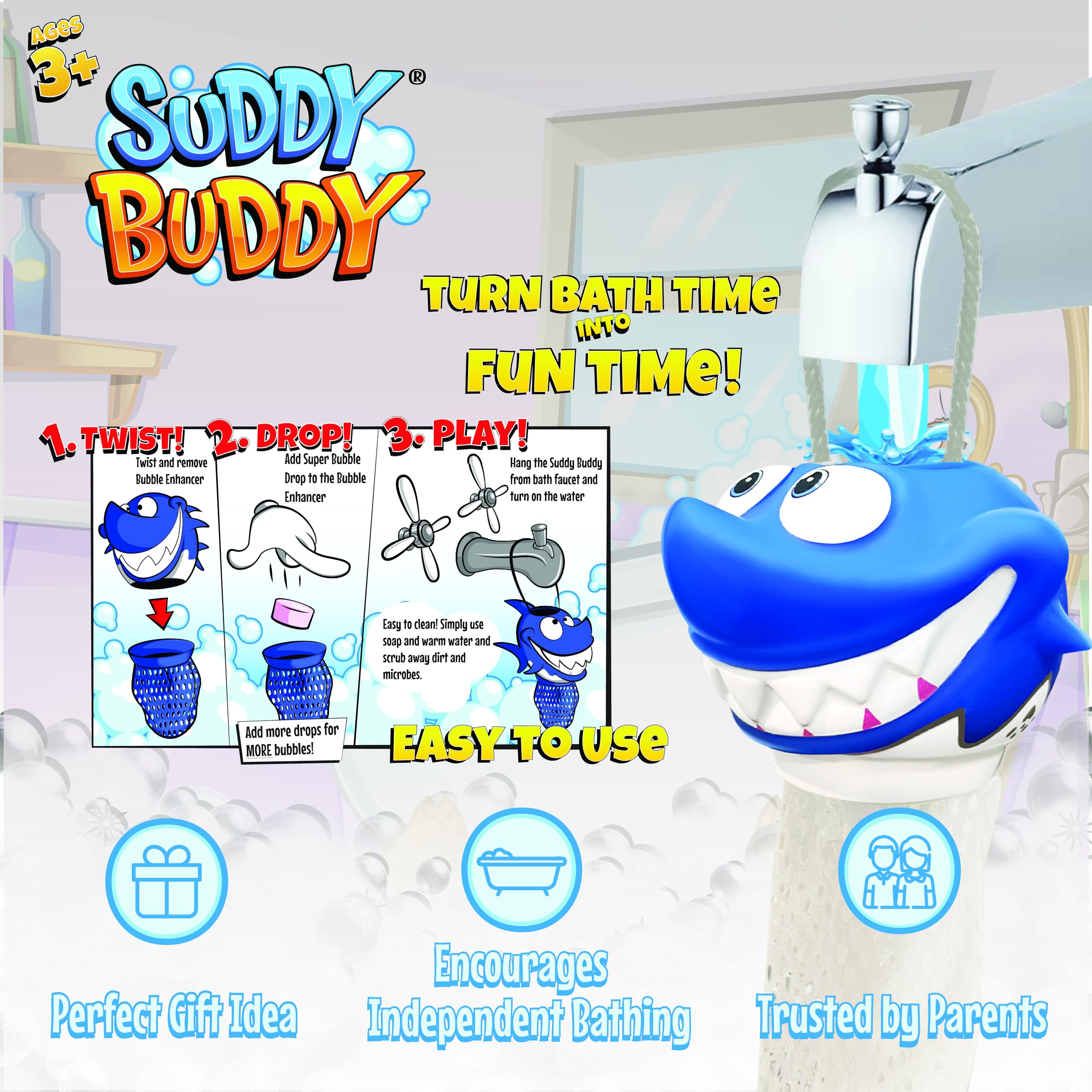 Suddy Buddy® Bubble Bath Toy, Kids Ages 3+, Boys and Girls, Safe & Clean, Collect All Four. Includes: 1 Character Bubble soap Dispenser, 1 Trading Card, and 3 Super Bubble Drops. Shark