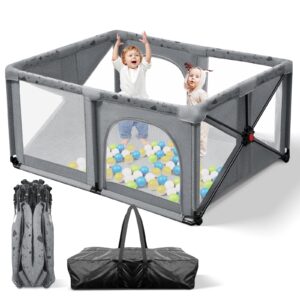 foldable baby playpen, alvod 59 * 47 inches portable playpen for babies and toddlers indoor & outdoor kids safety playpen with carrying bag, dark gray