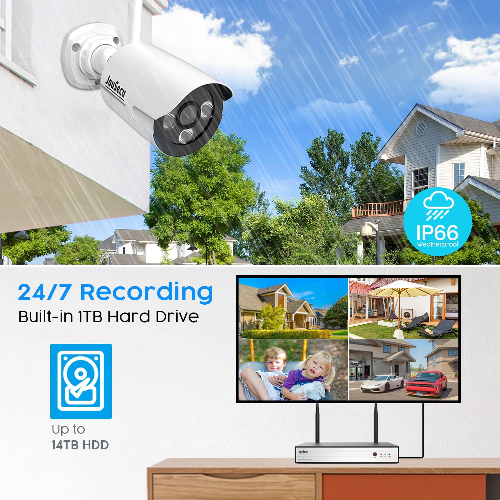 5MP Wireless Security Camera System No Hard Drive, 8 Channel Surveillance NVR Kits and 4pcs Super HD 5MP Outdoor Indoor WiFi Bullet Camera for Home Full Color Night Vision (3MP)