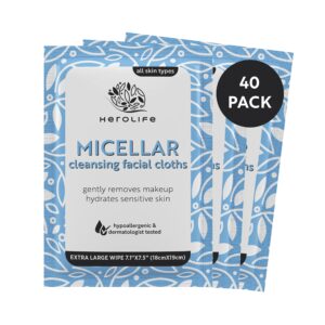 herolife micellar makeup remover cleansing facial cloths,pre-moistened, single-use, , 1 pack of 40, large size 7.1” x 7.5” biodegradable individually wrapped wipes formulated with plant-based derived ingredients