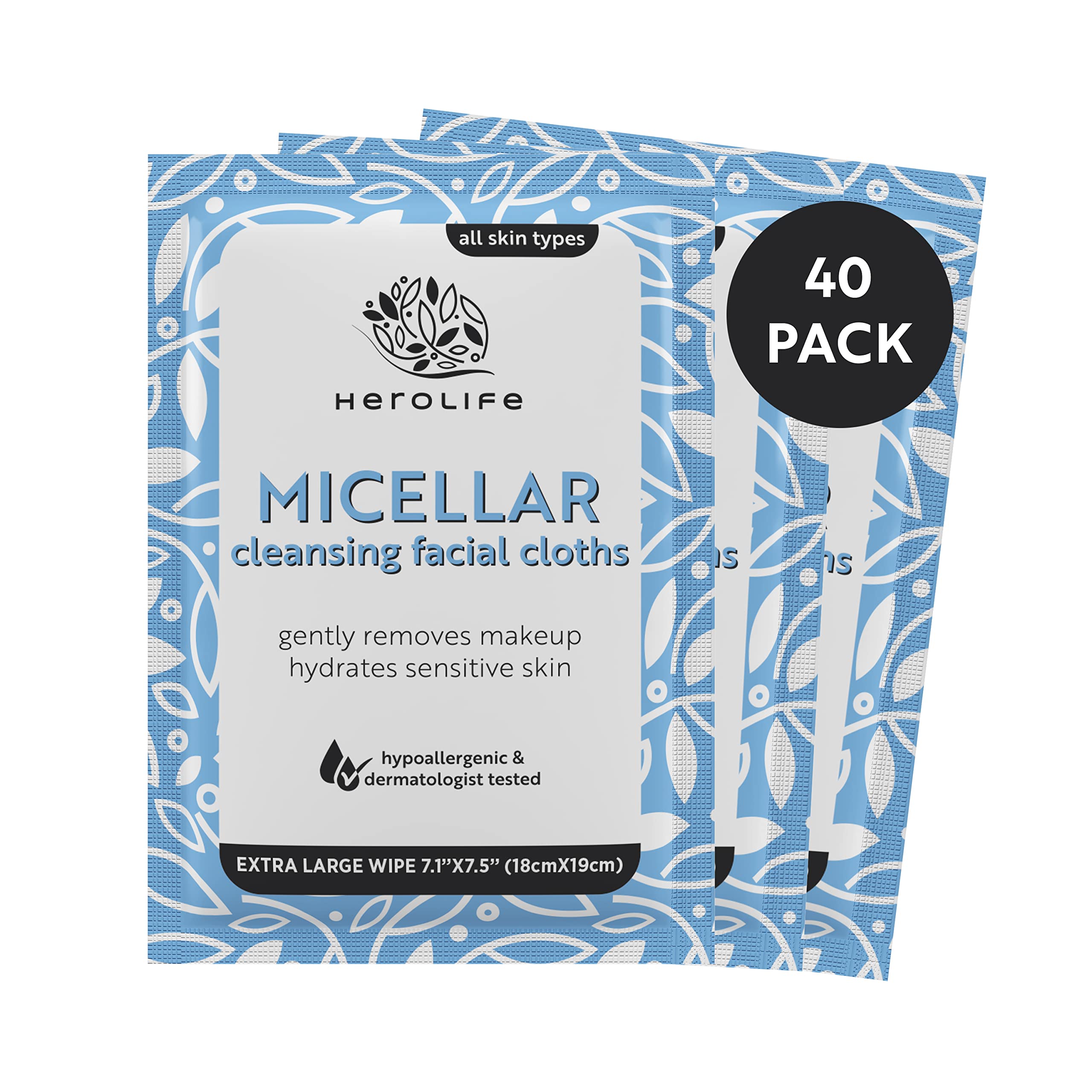 HEROLIFE Micellar Makeup Remover Cleansing Facial Cloths,Pre-moistened, Single-Use, , 1 pack of 40, Large size 7.1” x 7.5” Biodegradable individually Wrapped Wipes formulated with Plant-Based derived ingredients