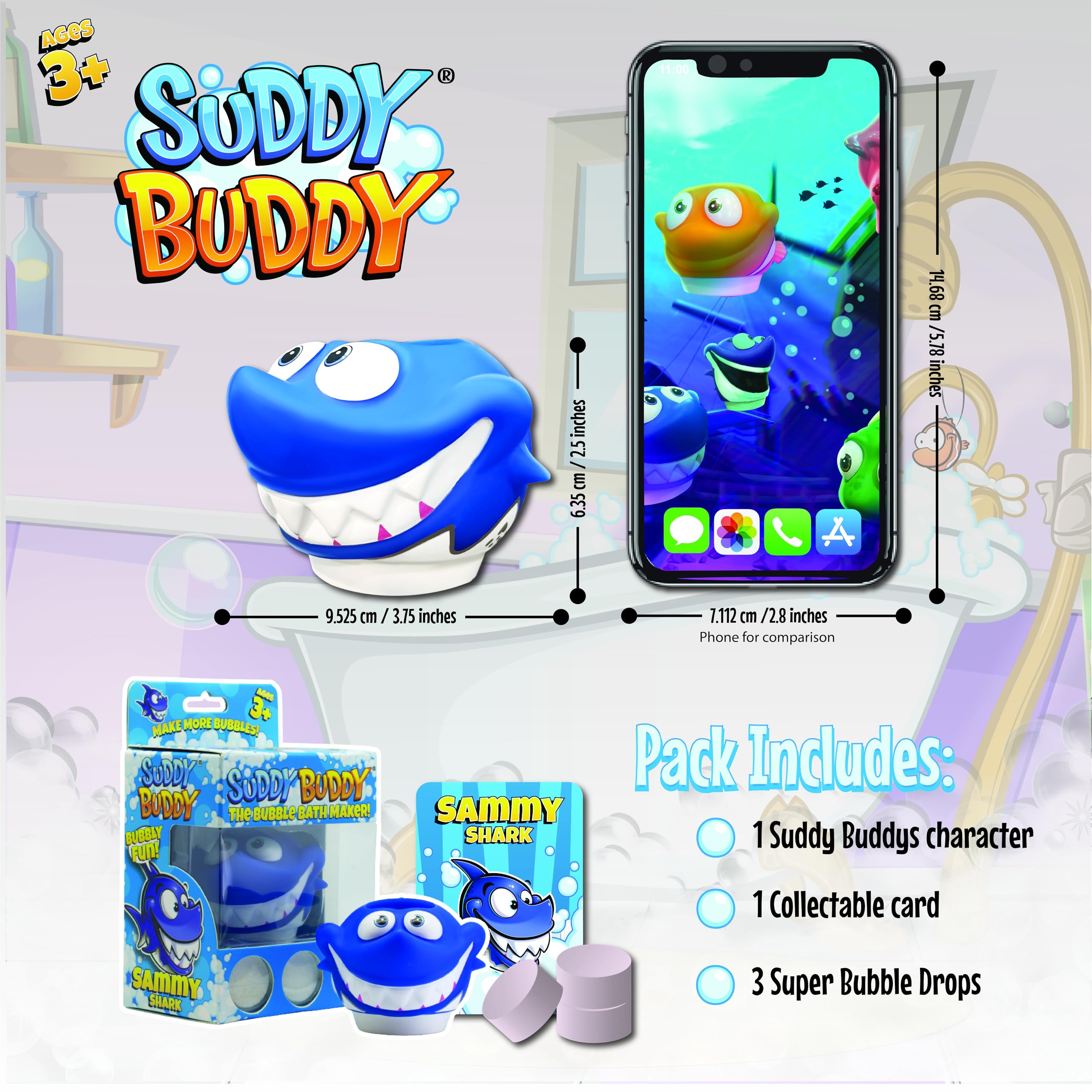 Suddy Buddy® Bubble Bath Toy, Kids Ages 3+, Boys and Girls, Safe & Clean, Collect All Four. Includes: 1 Character Bubble soap Dispenser, 1 Trading Card, and 3 Super Bubble Drops. Shark