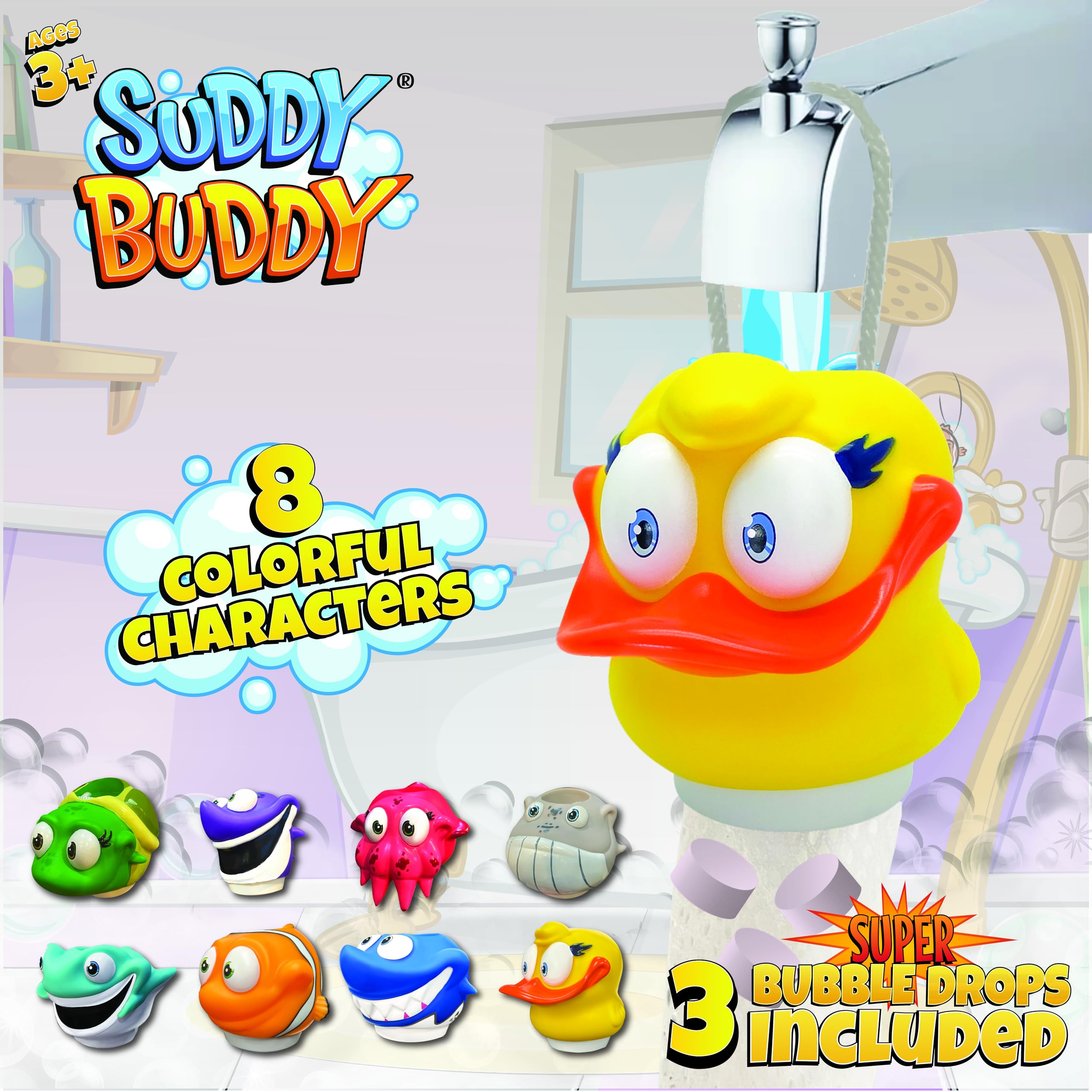 Suddy Buddy® Bubble Bath Toy, Kids Ages 3+, Boys and Girls, Safe & Clean, Collect All Four. Includes: 1 Character Bubble soap Dispenser, 1 Trading Card, and 3 Super Bubble Drops. Shark