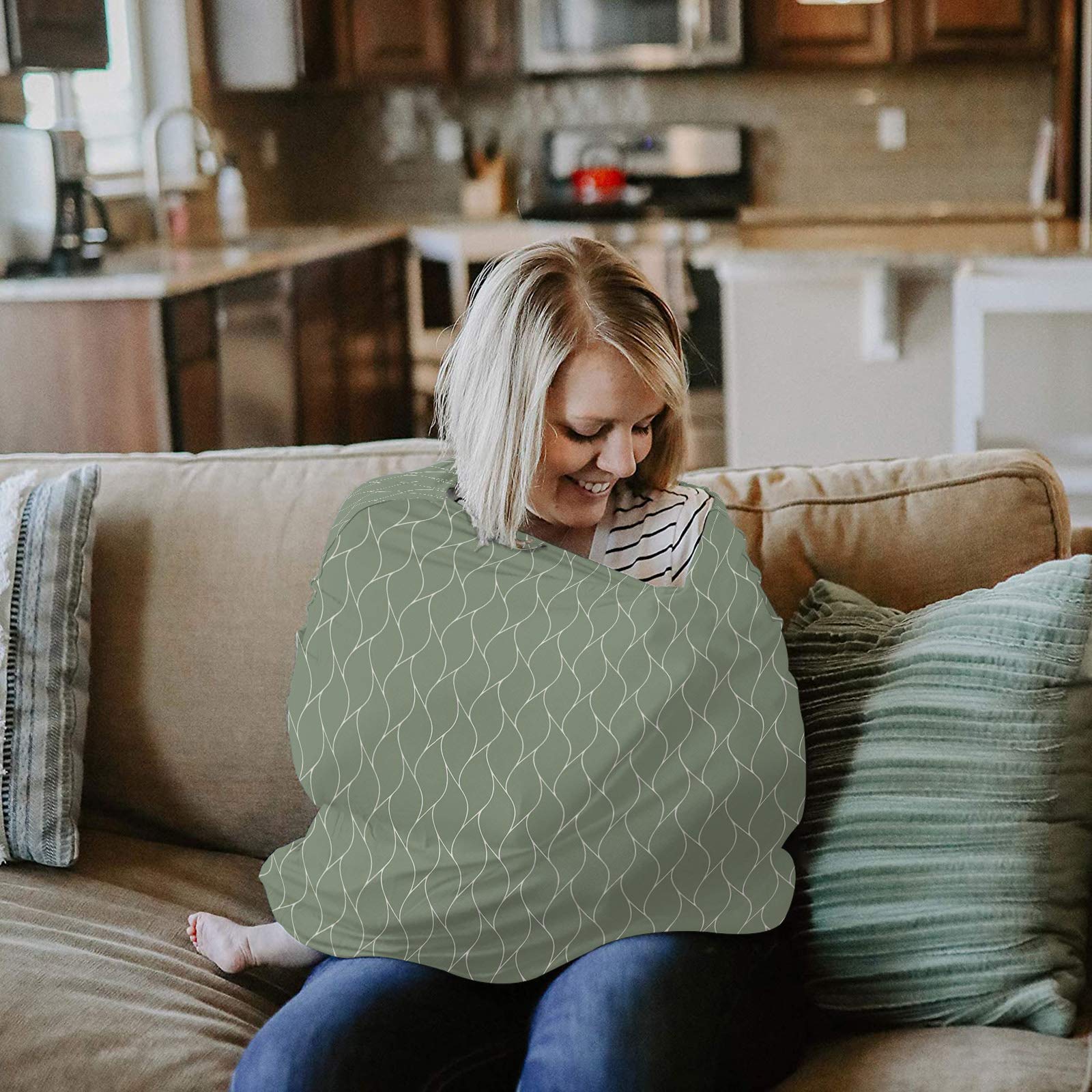 Baby Car Seat Covers Nursing Scarf, Farmhouse Decoration Sage Green Geometric Pattern Stretchy Infant Carseat Canopy Breastfeeding Covers, Baby Shower Gifts