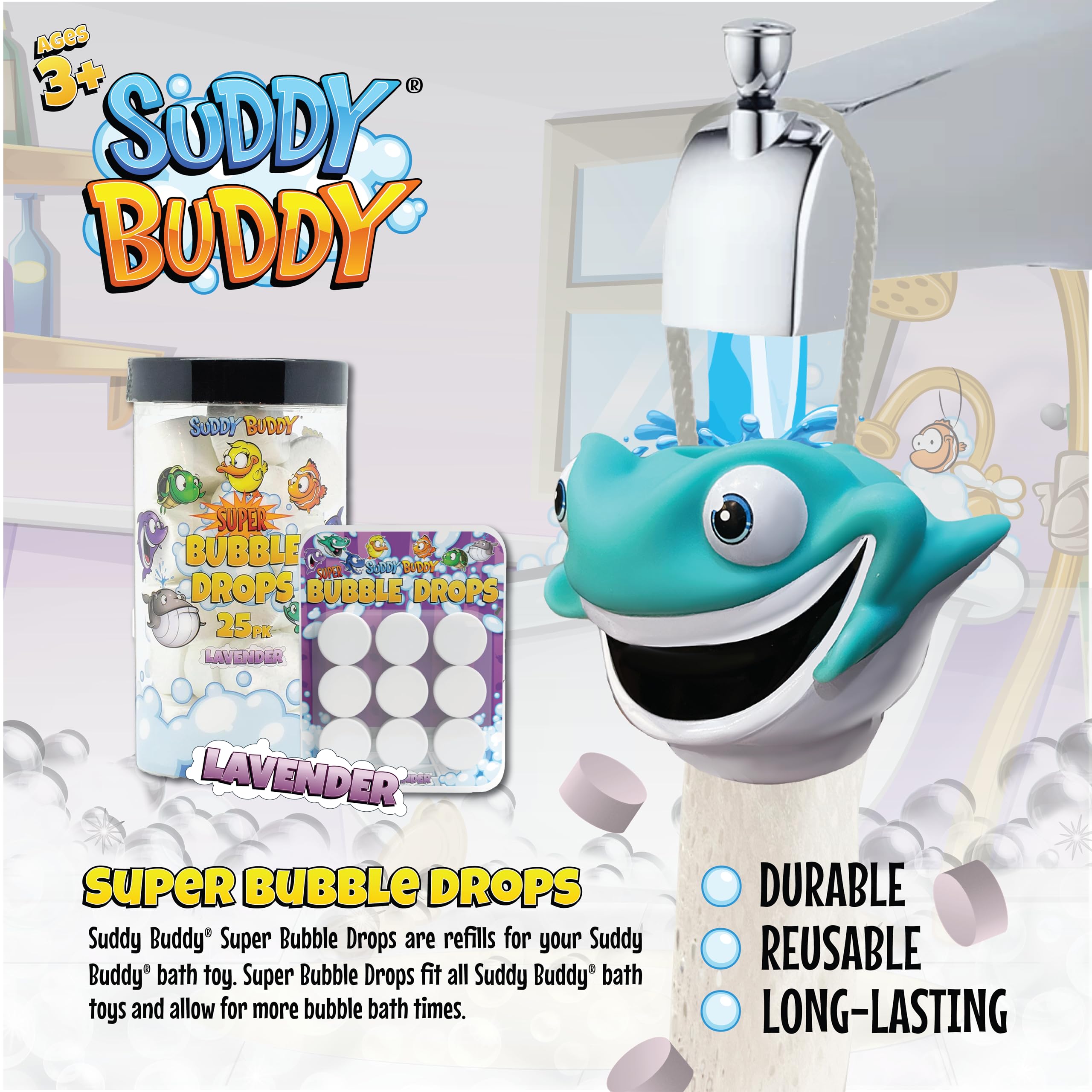 Suddy Buddy® Bubble Bath Toy, Kids Ages 3+, Boys and Girls, Safe & Clean, Collect All Four. Includes: 1 Character Bubble soap Dispenser, 1 Trading Card, and 3 Super Bubble Drops. Shark