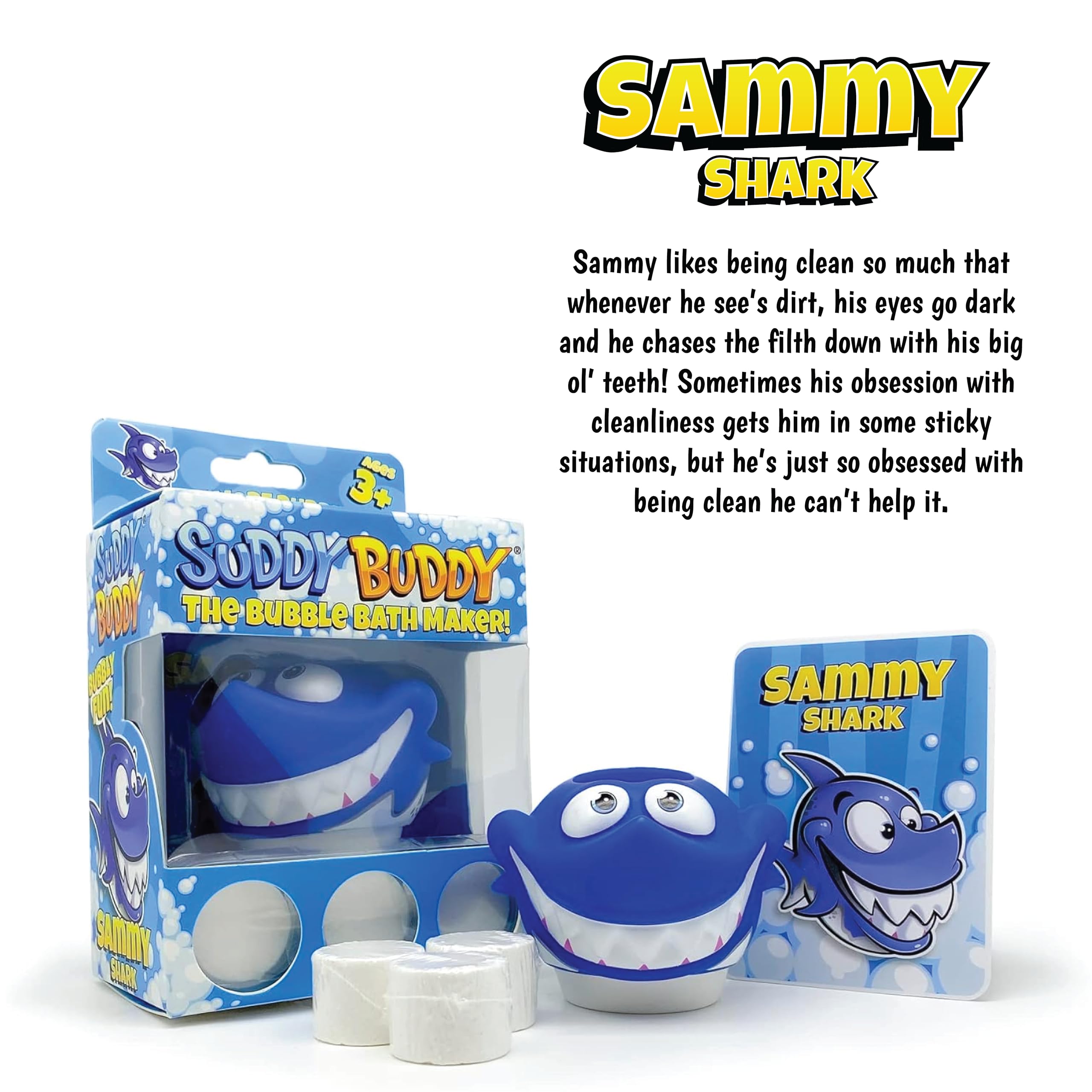 Suddy Buddy® Bubble Bath Toy, Kids Ages 3+, Boys and Girls, Safe & Clean, Collect All Four. Includes: 1 Character Bubble soap Dispenser, 1 Trading Card, and 3 Super Bubble Drops. Shark