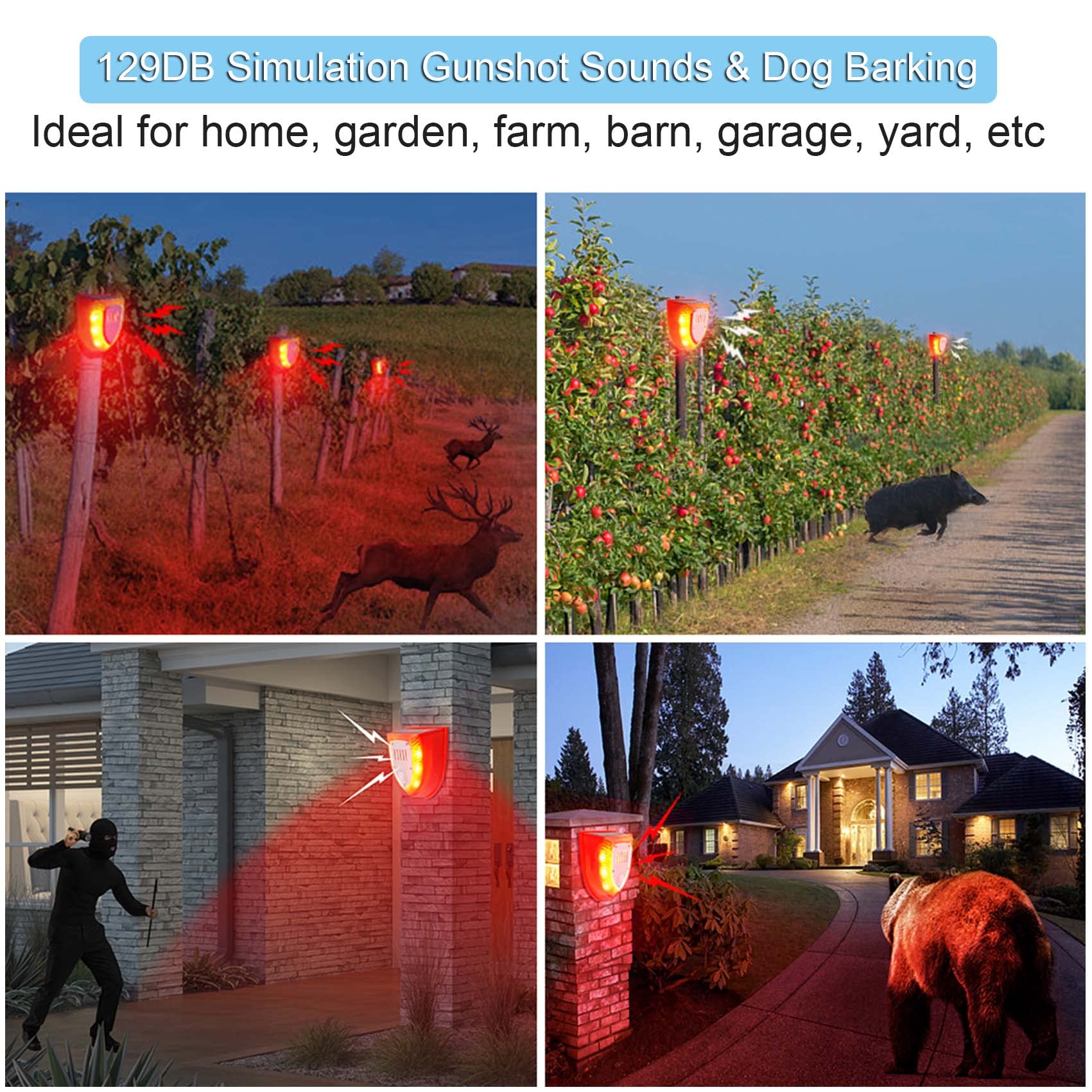 LAFEINA Solar Motion Sensor Light & Sound Alarm, 129dB Gunshot & Dog Barking Sound & Strobe Light Security Alarm Siren for Garden Farm Villa