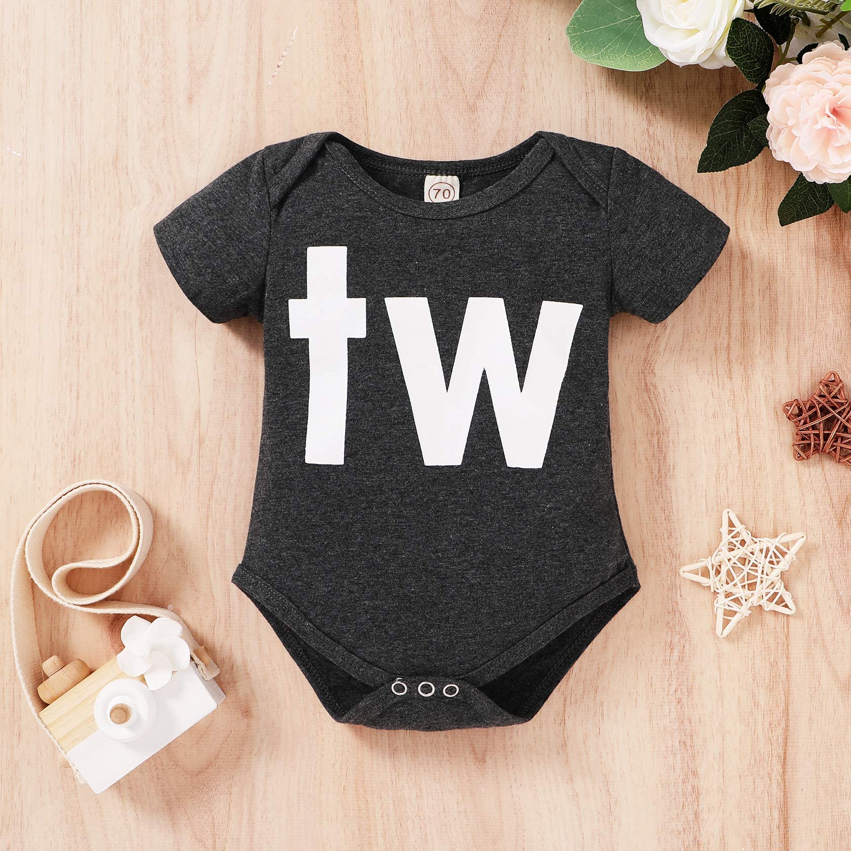 2Pcs Newborn Twins Baby Boys Girls Short Sleeve Letter Print Romper Bodysuit Summer Outfit Clothes 0-12M (0-3 Months, Charcoal Black-02)