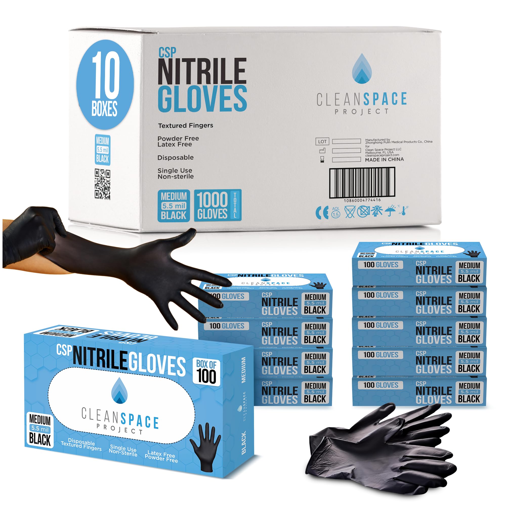 CLEAN SPACE PROJECT Nitrile Gloves - Disposable, Non-Latex and Powder Free, Food Safe Cooking Gloves - Black Gloves for Cleaning, Tattooing, Painting, Detailing & Repair (Medium, Case of 1000)