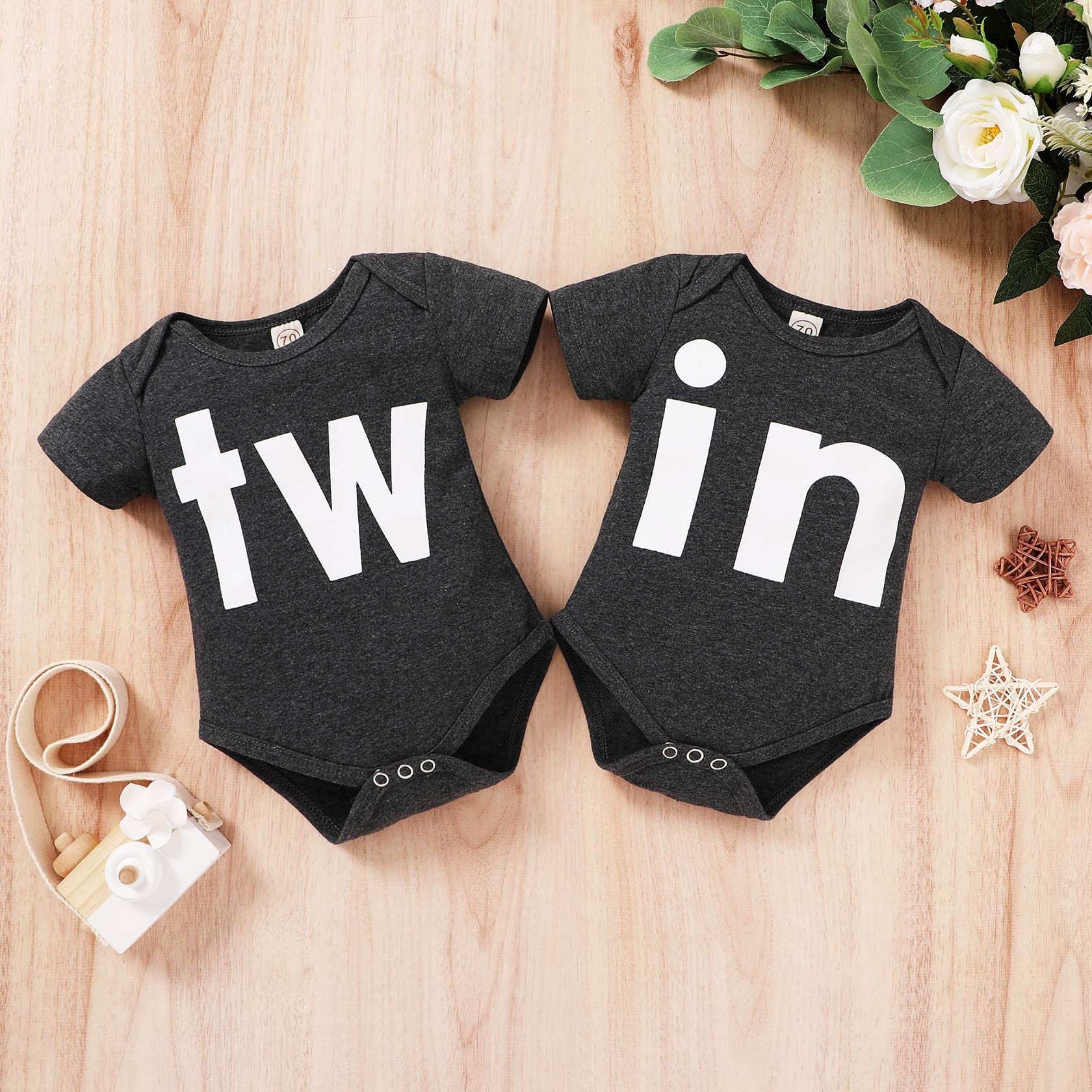 2Pcs Newborn Twins Baby Boys Girls Short Sleeve Letter Print Romper Bodysuit Summer Outfit Clothes 0-12M (0-3 Months, Charcoal Black-02)